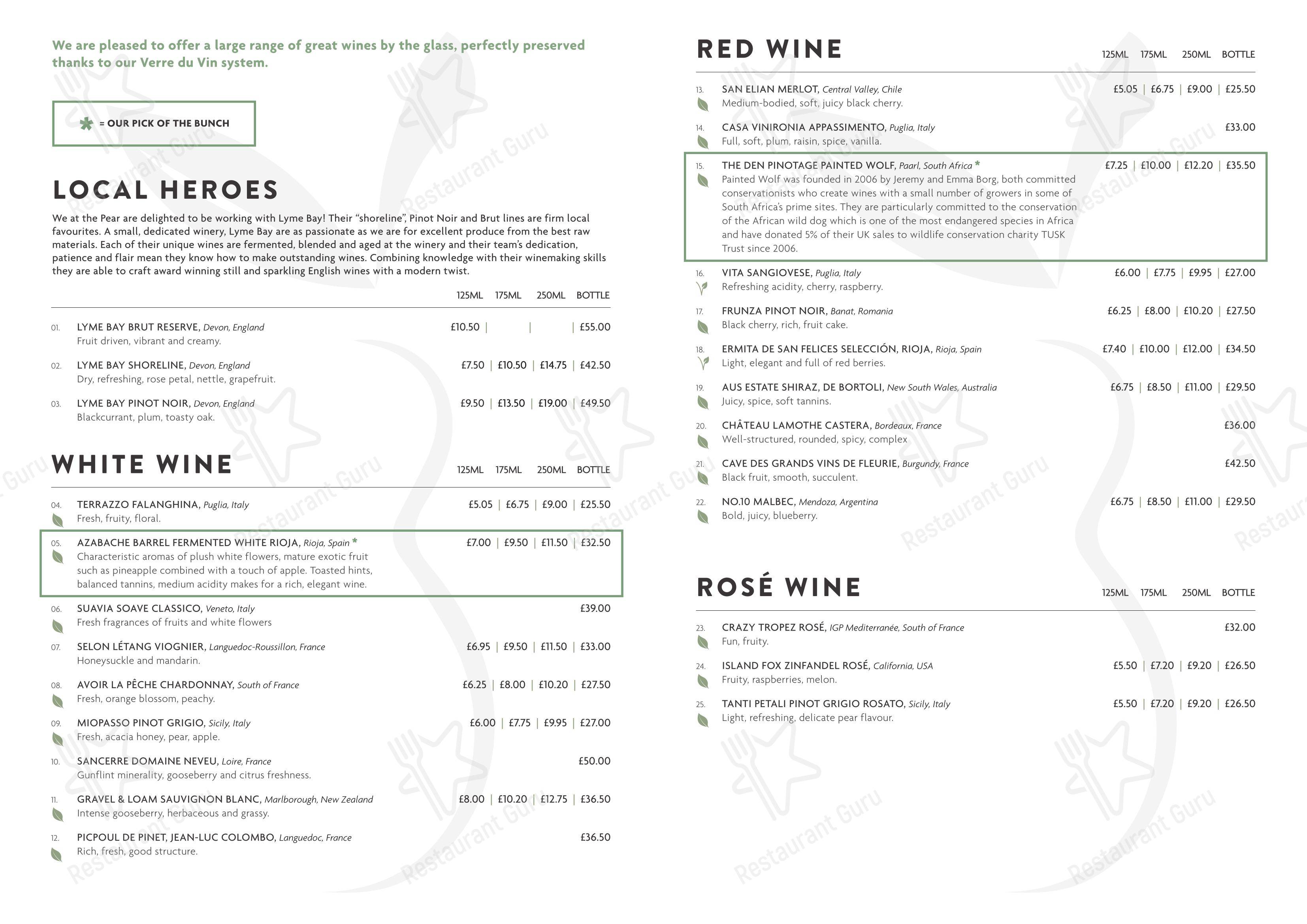 Menu at The Pear At Parley restaurant, West Parley