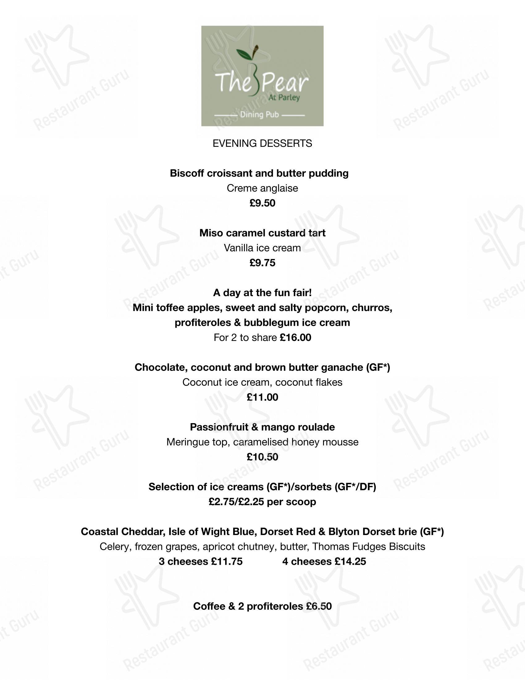 Menu at The Pear At Parley restaurant, West Parley