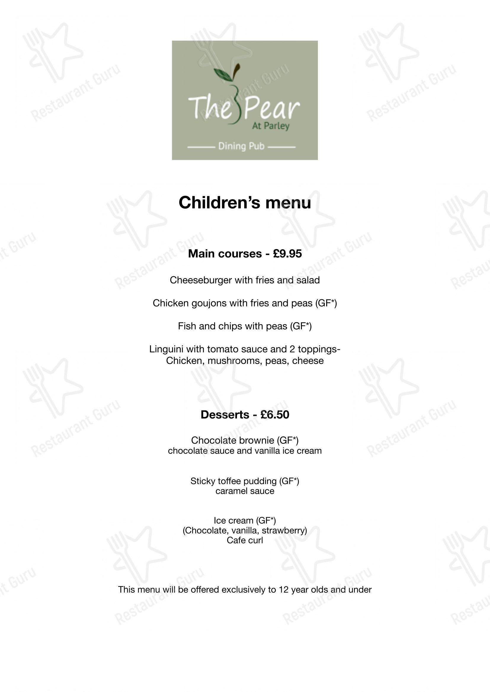 Menu at The Pear At Parley restaurant, West Parley