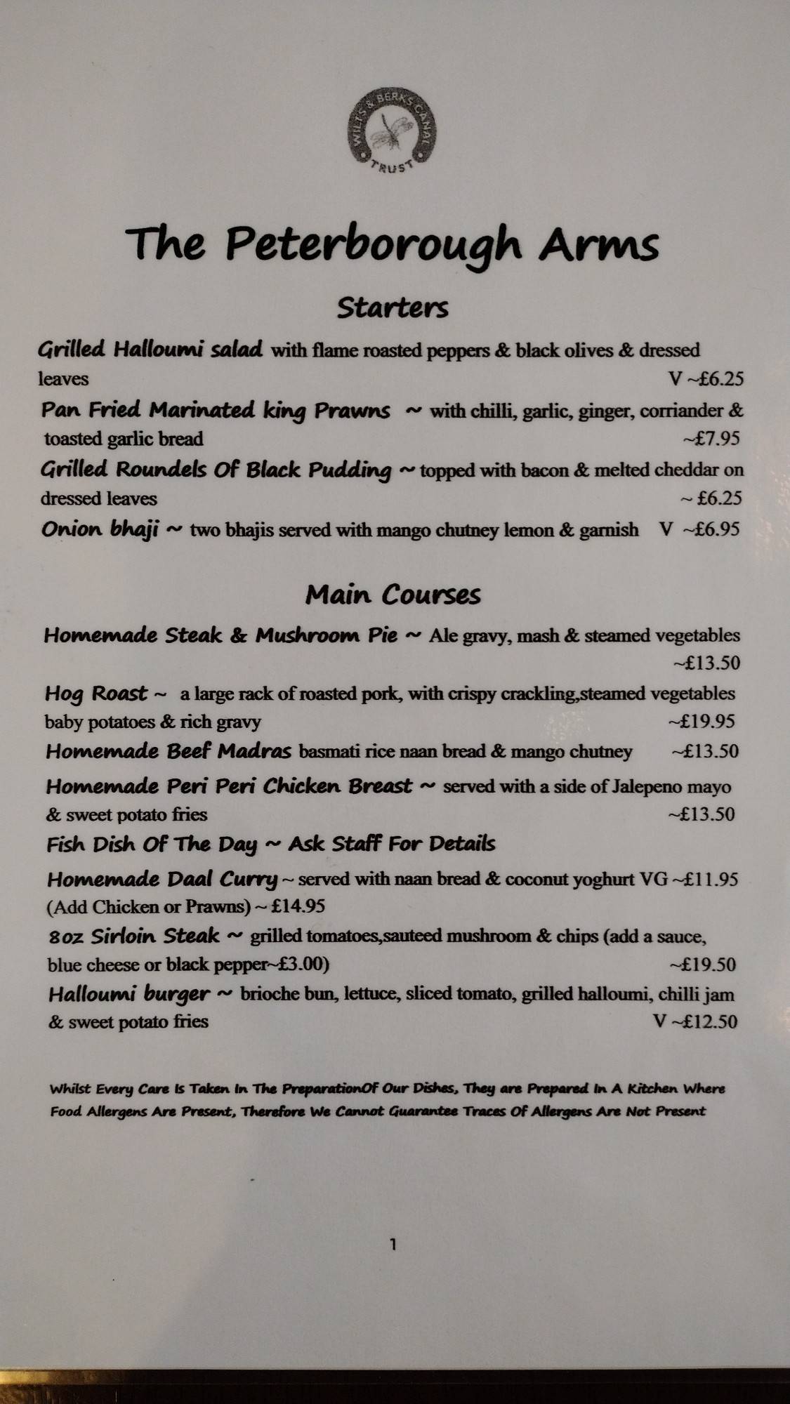 Menu at The Peterborough Arms pub & bar, Lyneham