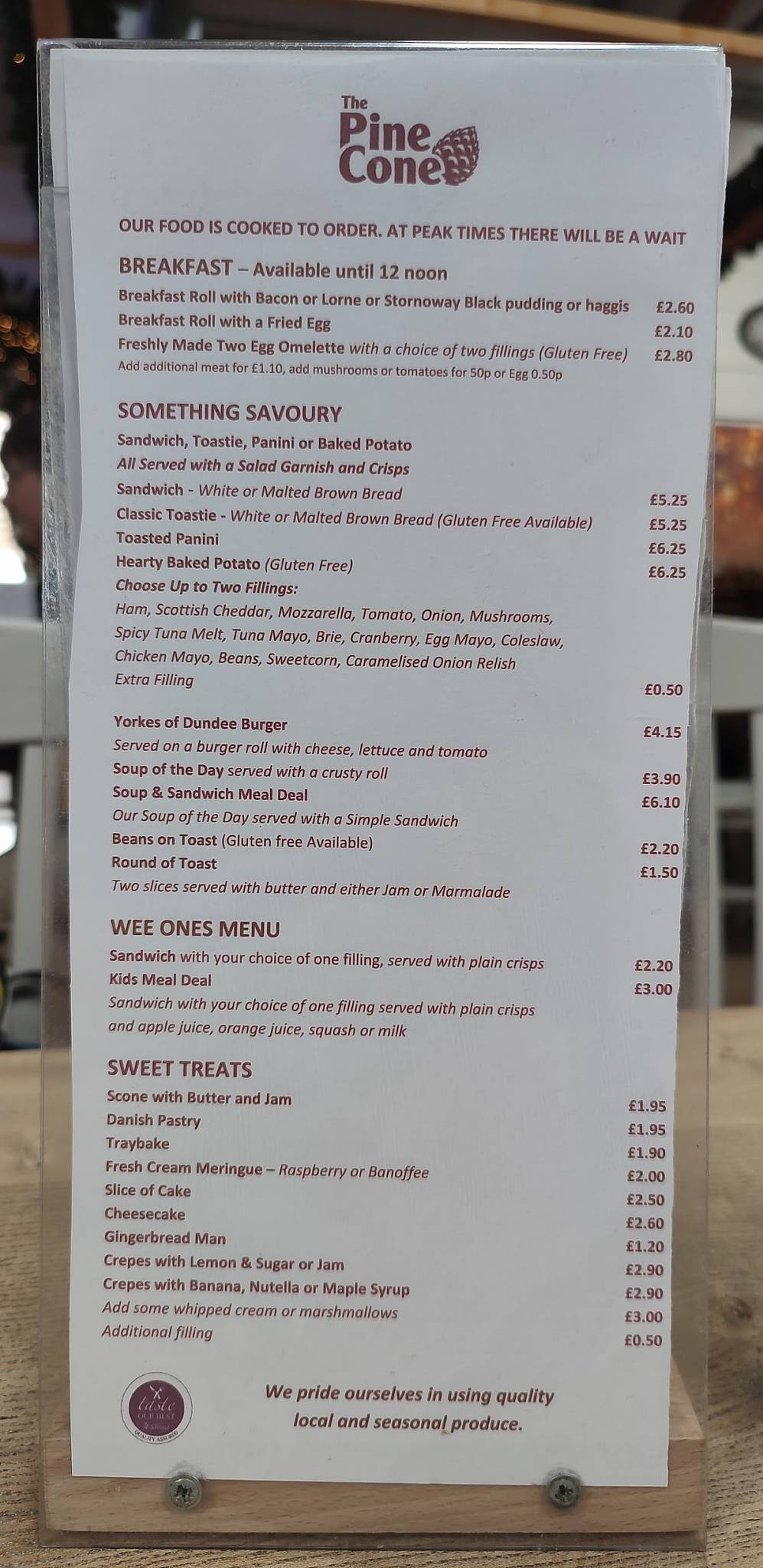 Menu at The Pinecone cafe, Dundee, Templeton Christmas Tree Farm