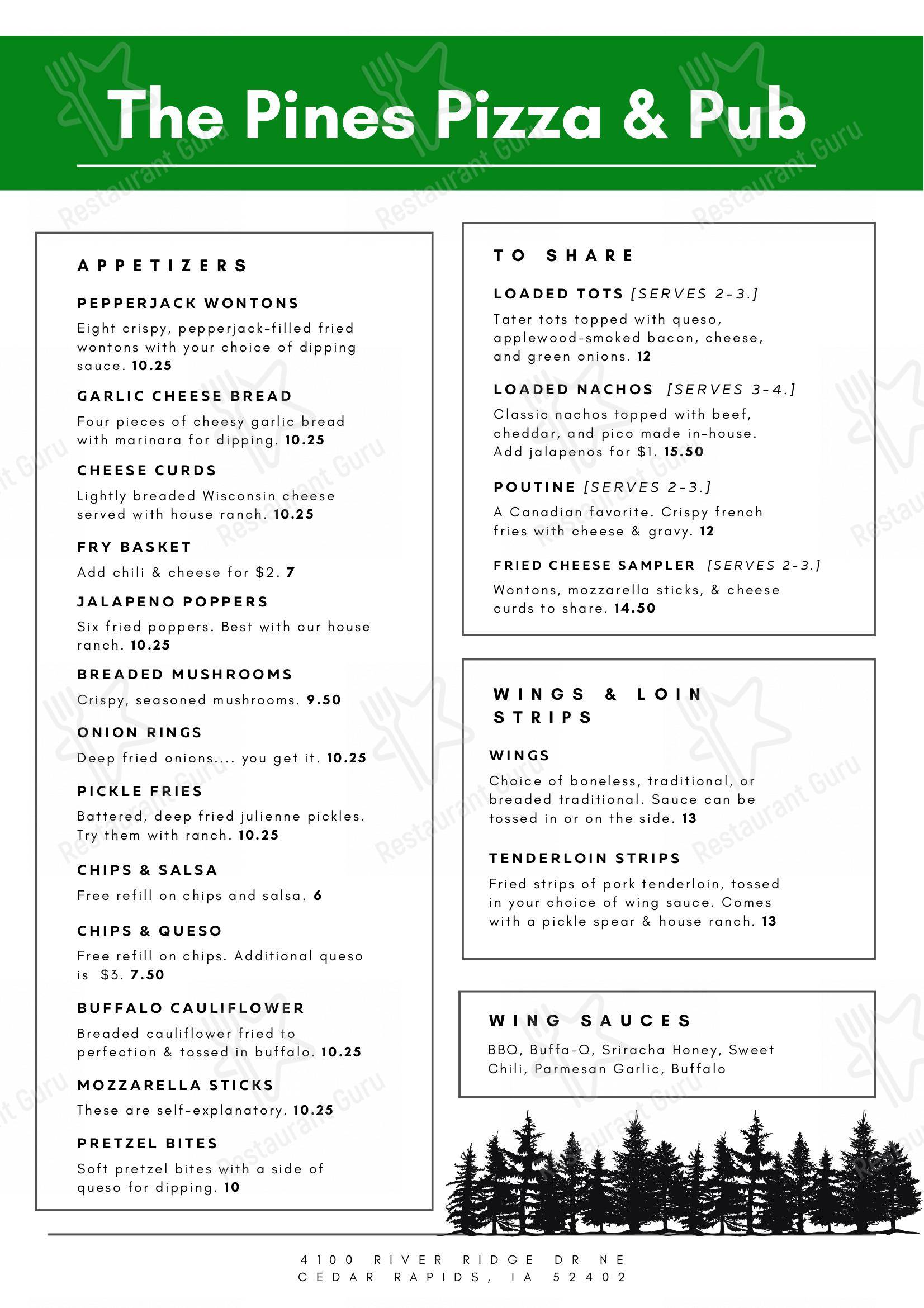 Carta de The Pines Pizza and Pub, Cedar Rapids