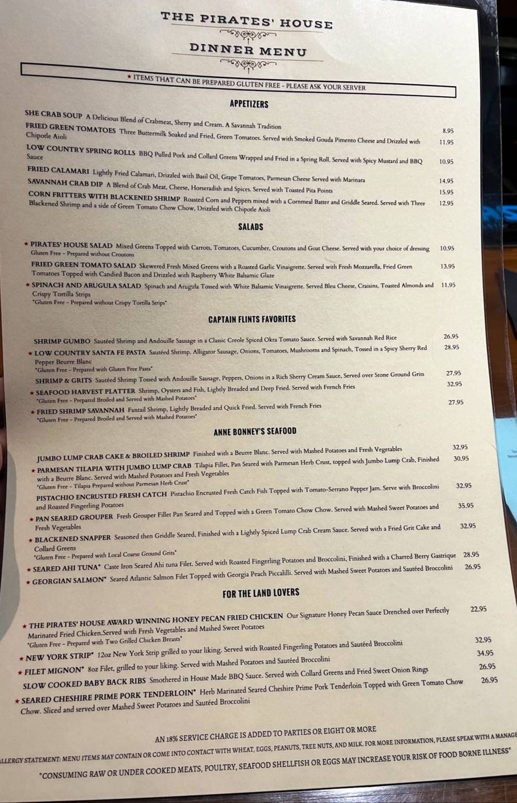 Menu at The Pirates' House restaurant, Savannah