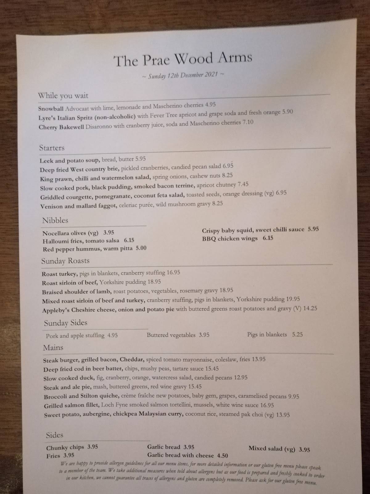 Menu at The Prae Wood Arms pub & bar, St Albans
