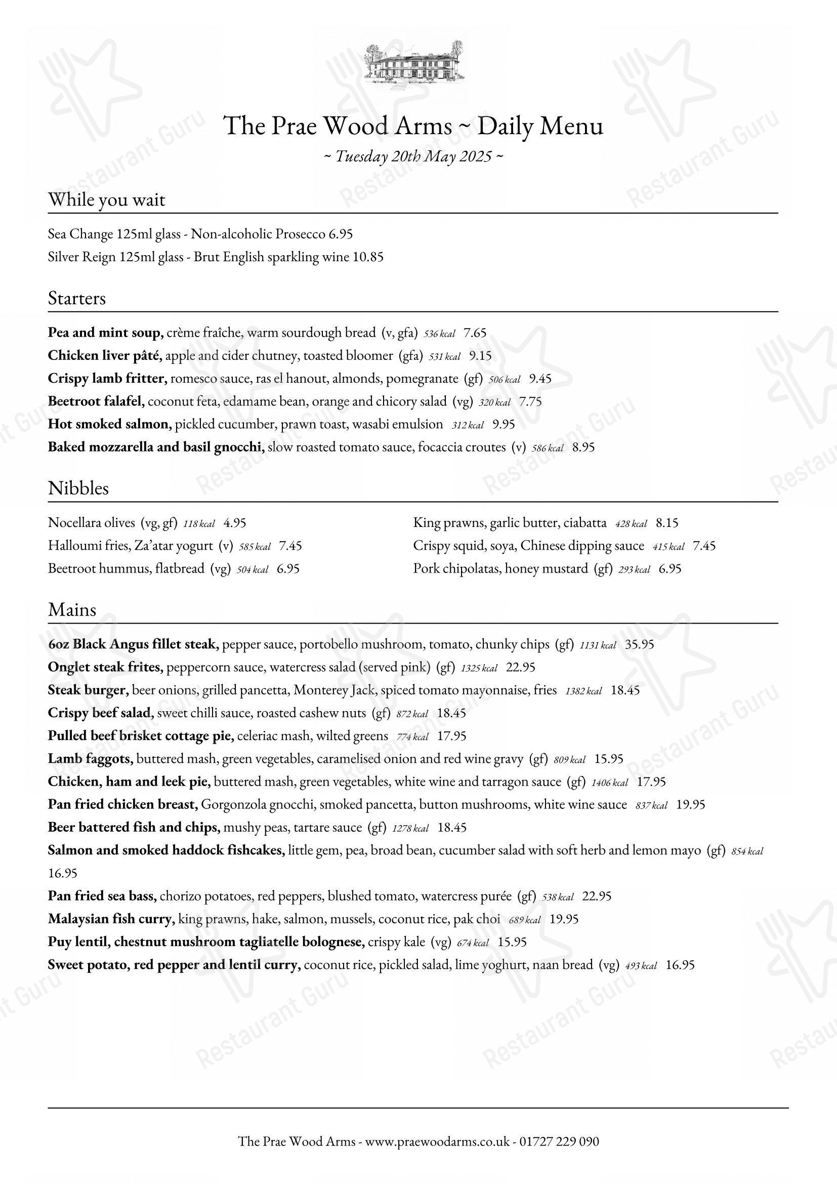 Menu at The Prae Wood Arms pub & bar, St Albans
