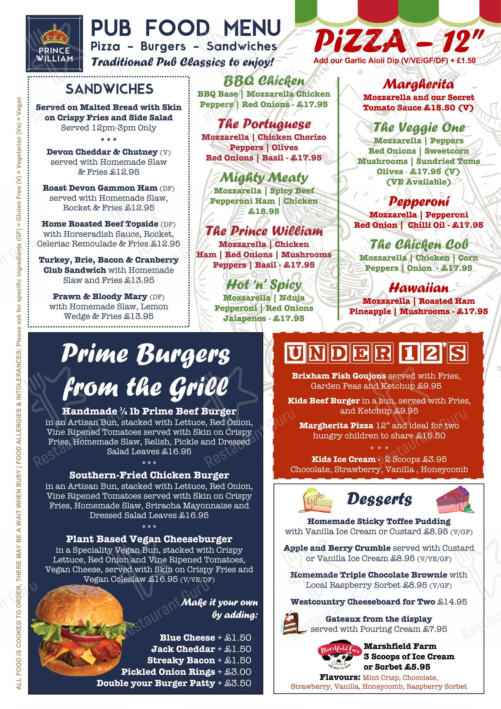 Menu at The Prince William restaurant, Brixham