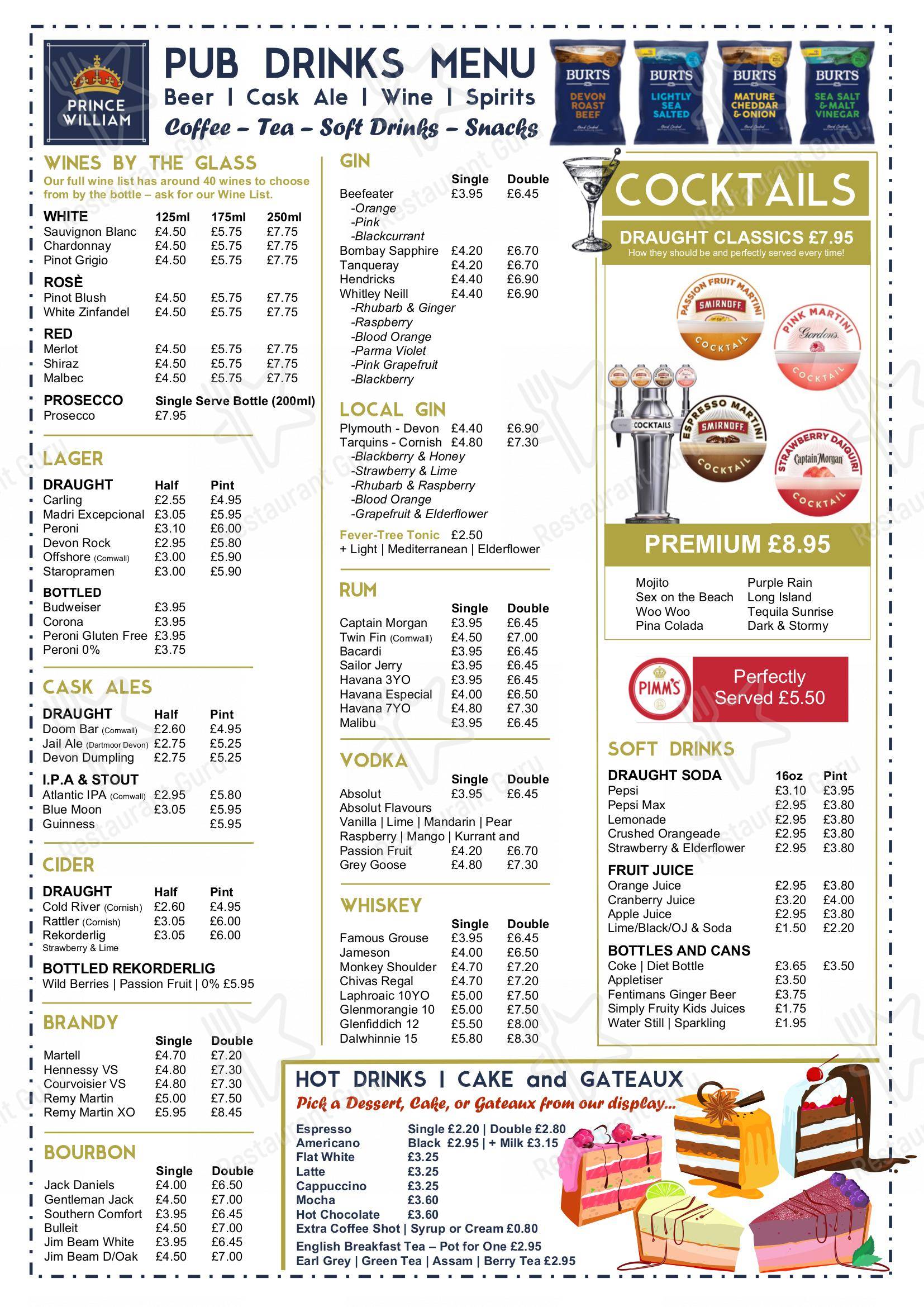 Menu at The Prince William restaurant, Brixham