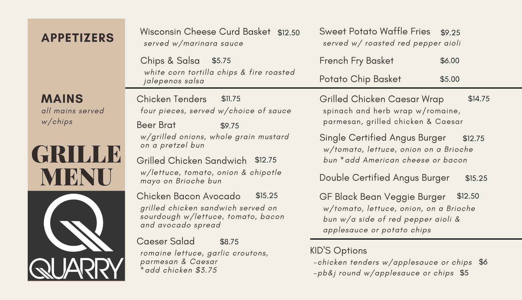 Menu at The Quarry Cable Park & Grille pub & bar, Crystal Lake