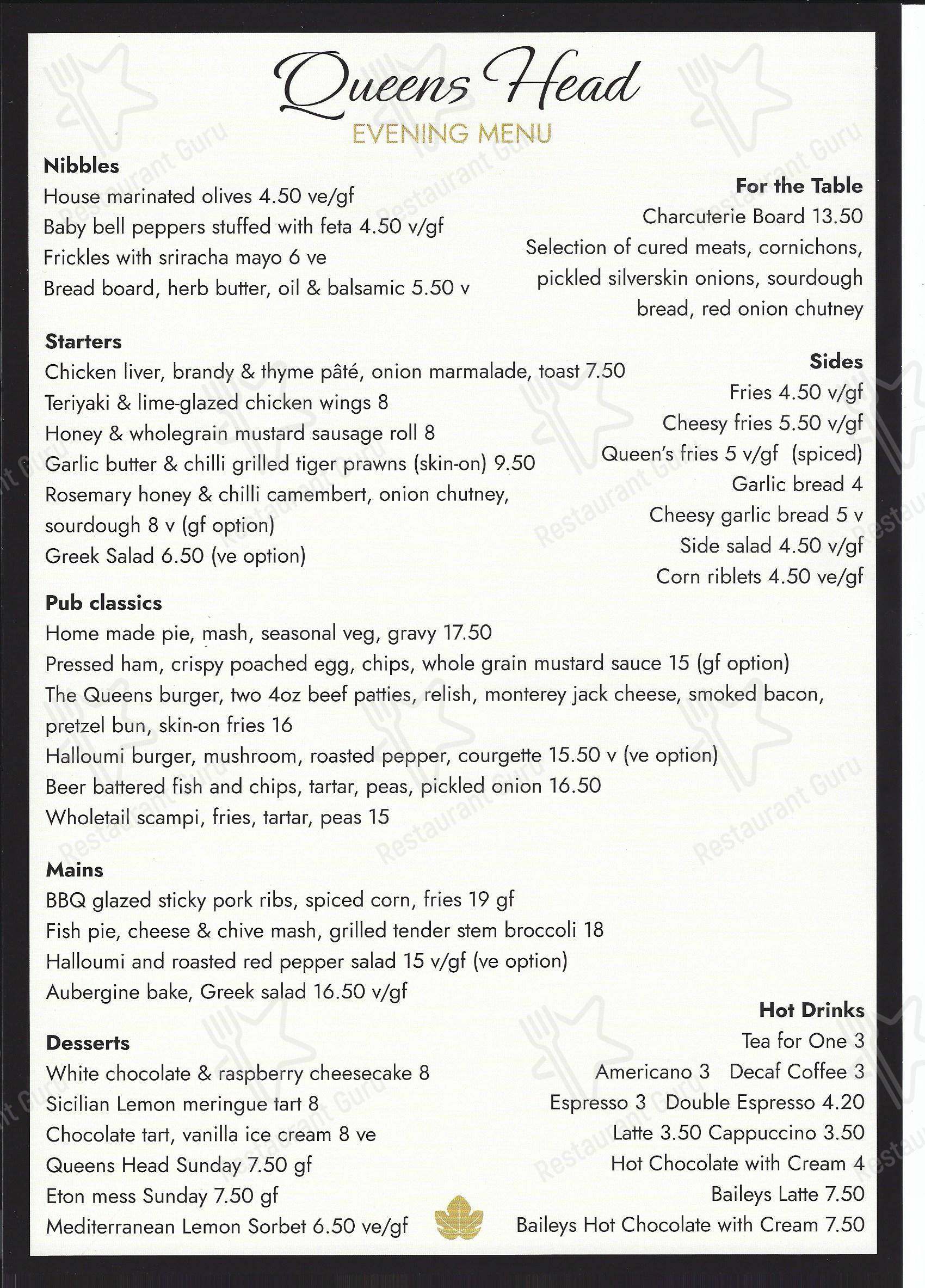 Menu at The Queens Head pub & bar, Sedlescombe