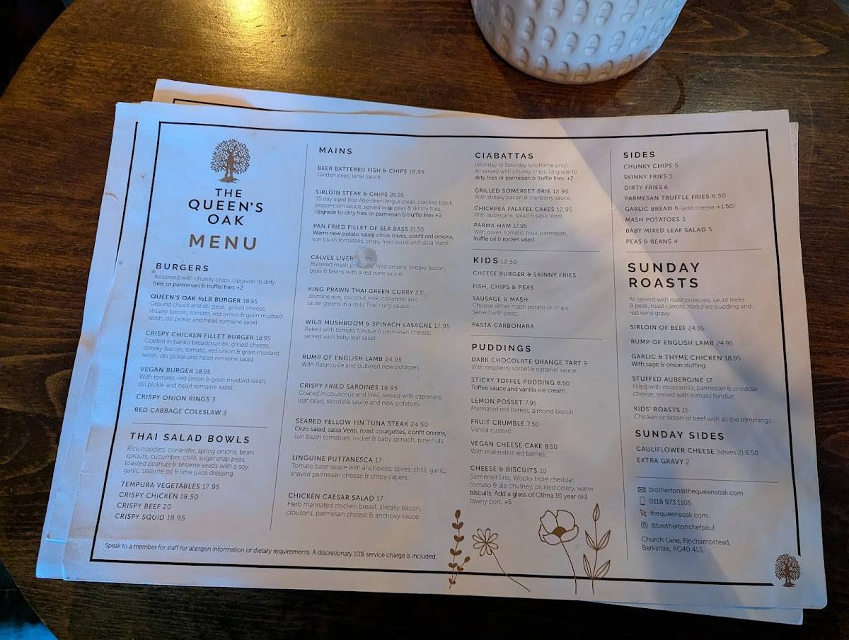 Menu at The Queens Oak pub & bar, Wokingham