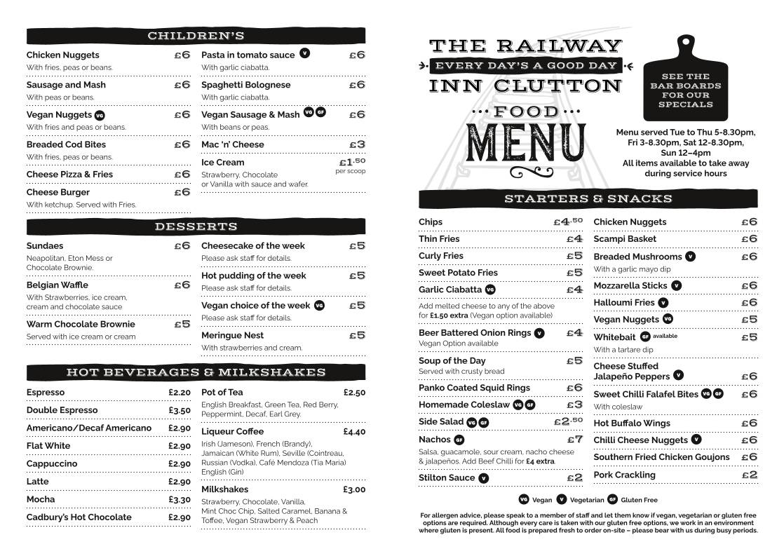 Menu at The Railway Inn pub & bar, Bristol, Station Rd