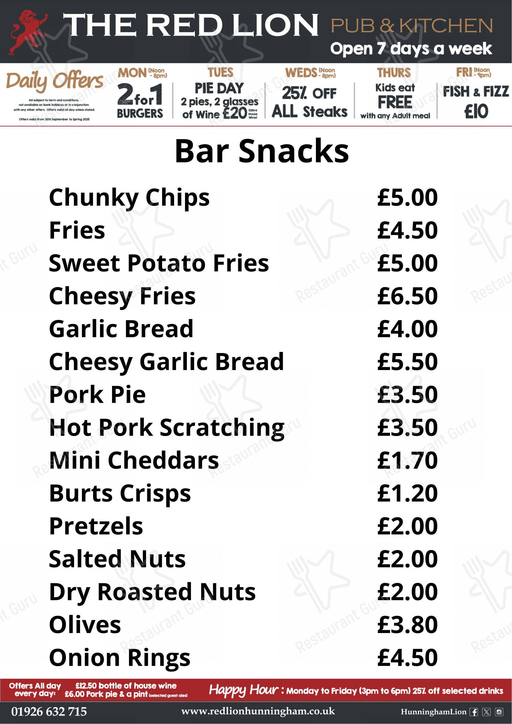 Menu at The Red Lion Hunningham pub & bar, Coventry, Main St