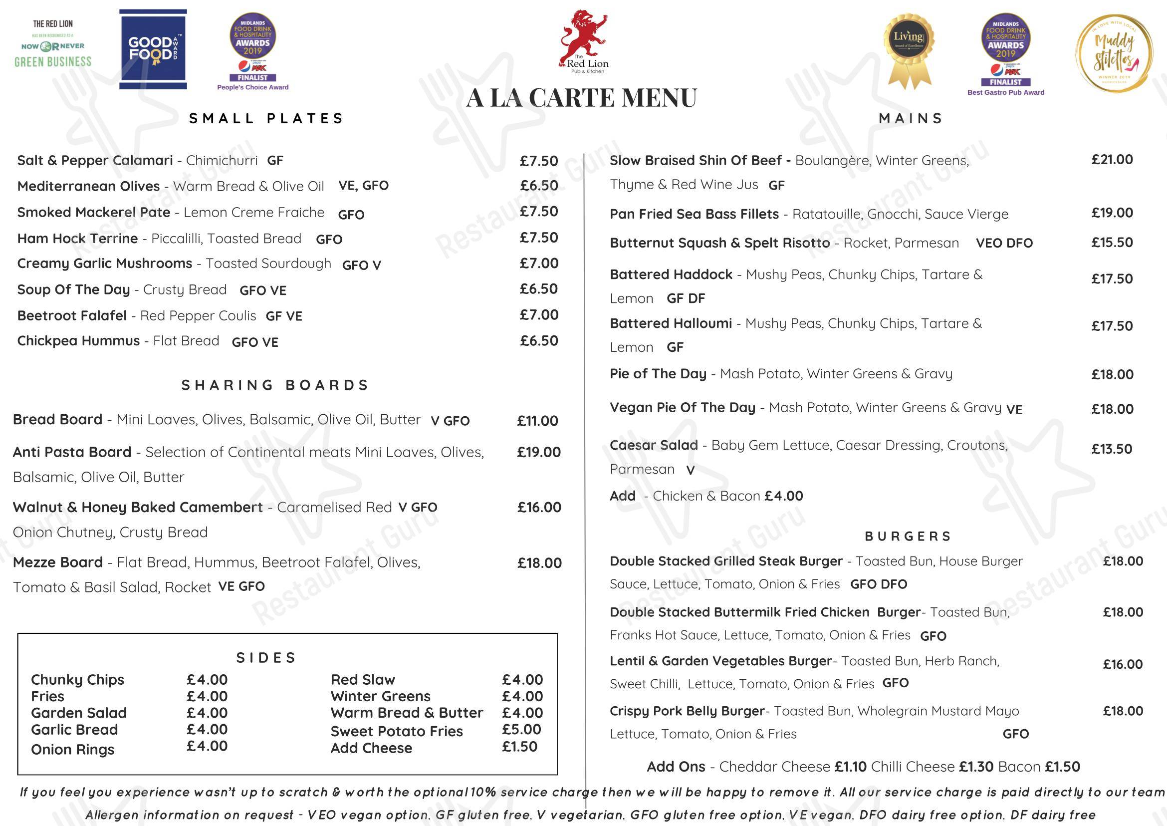 Menu at The Red Lion Hunningham pub & bar, Coventry, Main St