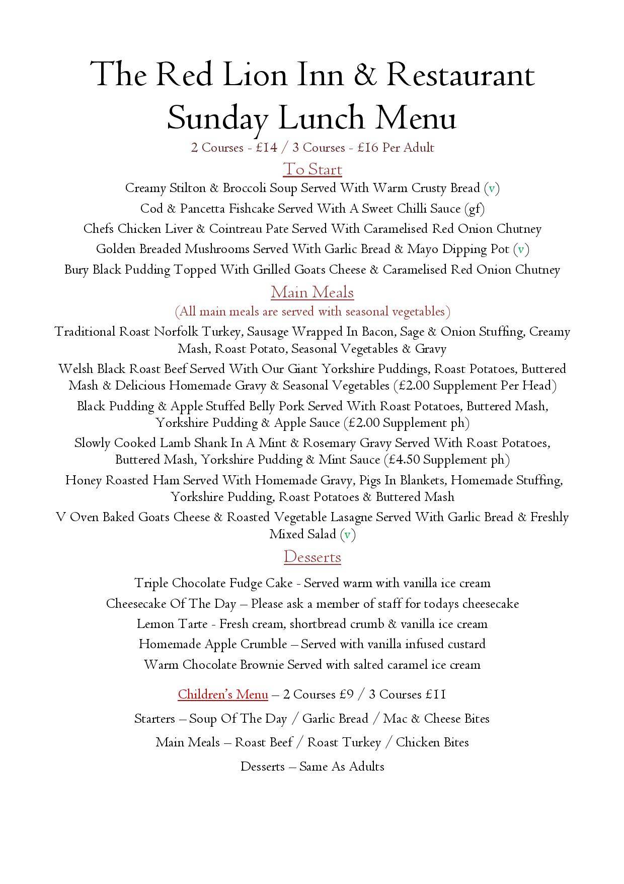 Menu at The Red Lion Inn pub & bar, Prestatyn, 4 Ffordd Talargoch