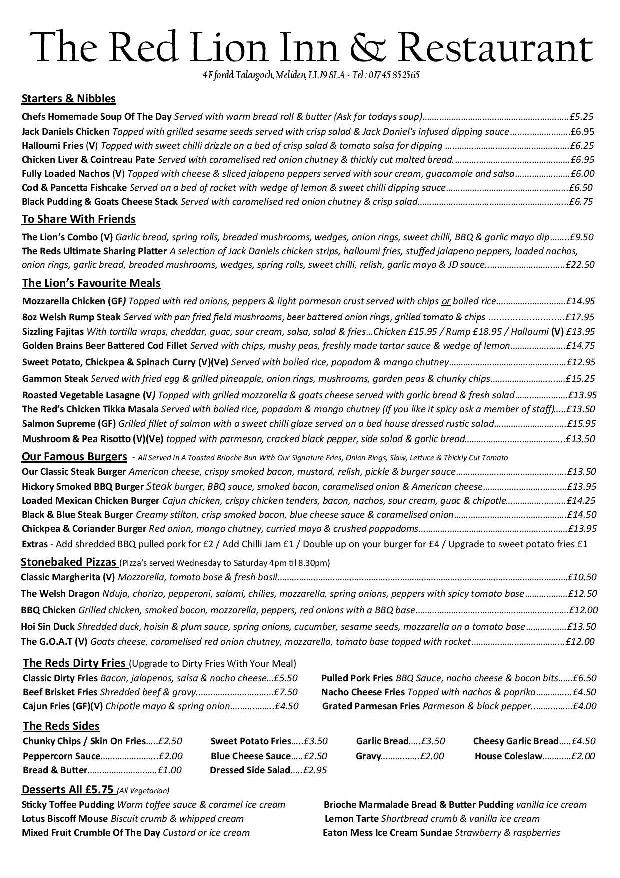 Menu at The Red Lion Inn pub & bar, Prestatyn, 4 Ffordd Talargoch