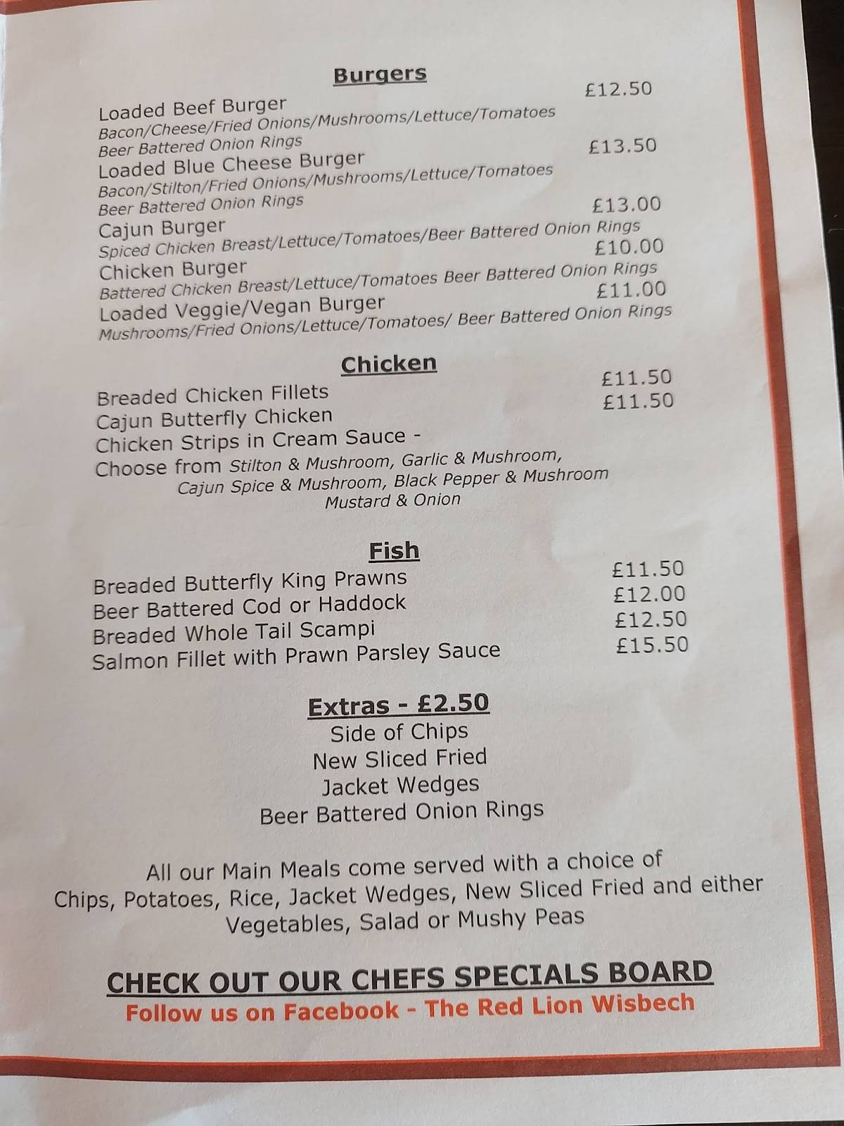 Menu at The Red Lion restaurant, Wisbech