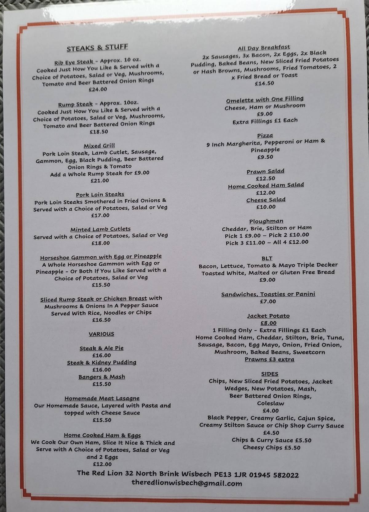 Menu at The Red Lion restaurant, Wisbech
