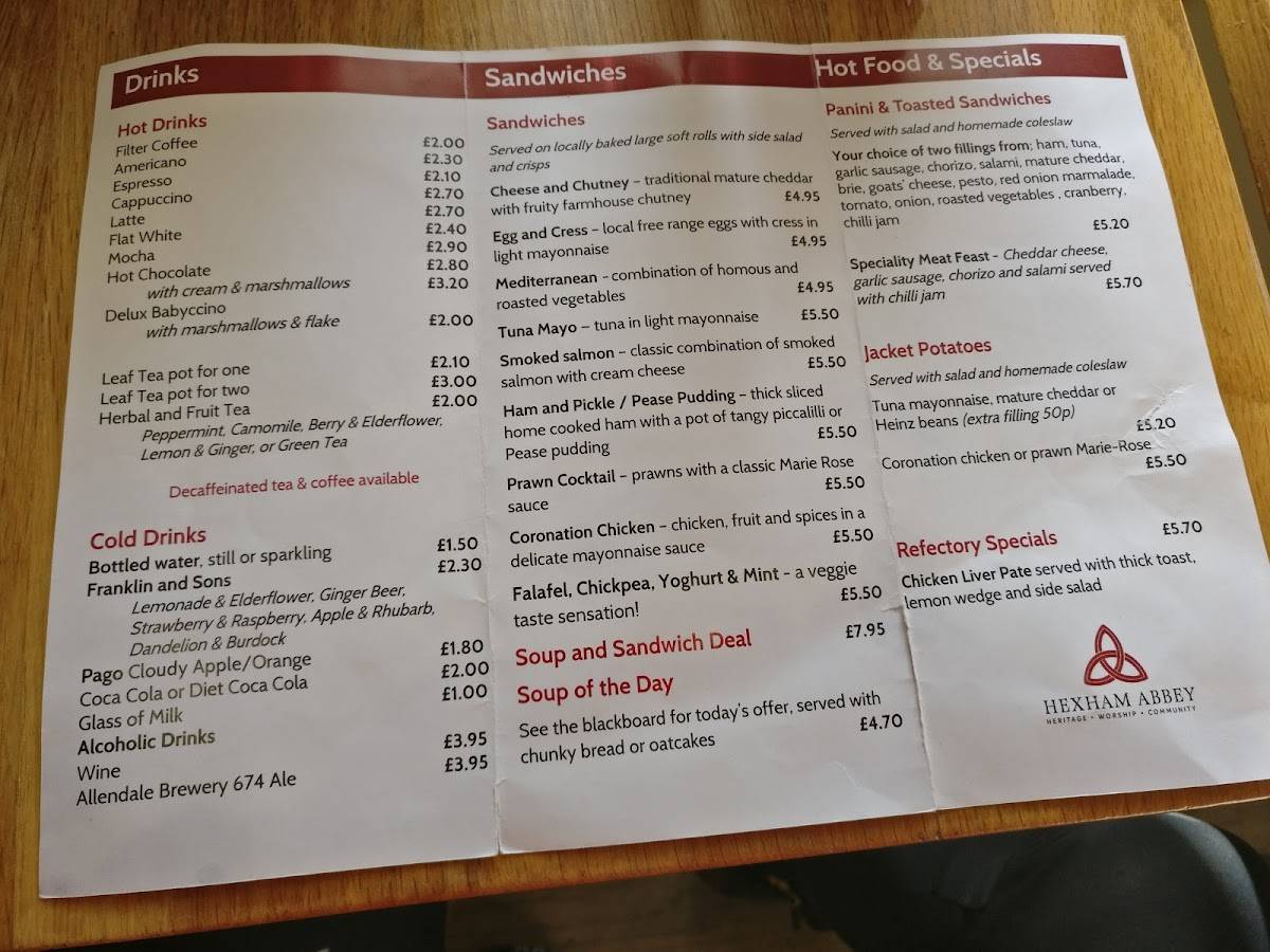 Menu at The Refectory Cafe, Hexham