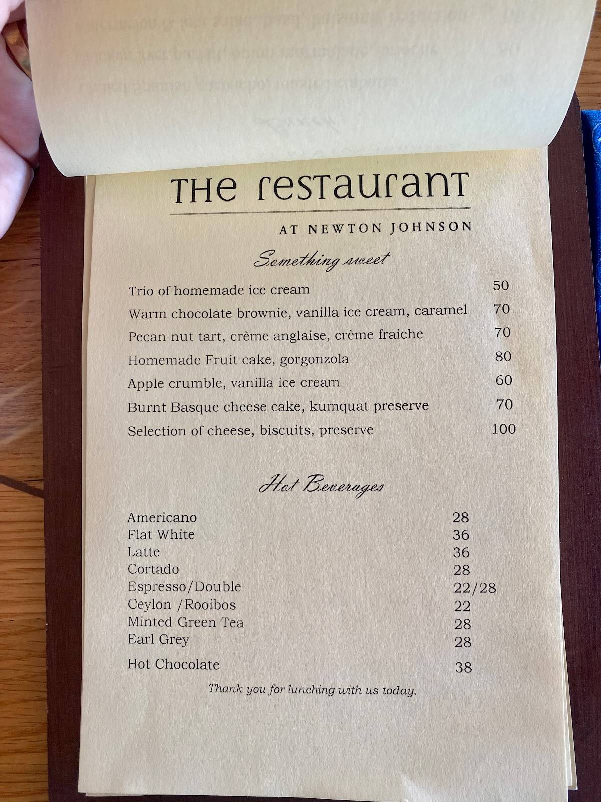 Menu at The Restaurant at Newton Johnson, Hermanus, Hemel-en-Aarde Valley