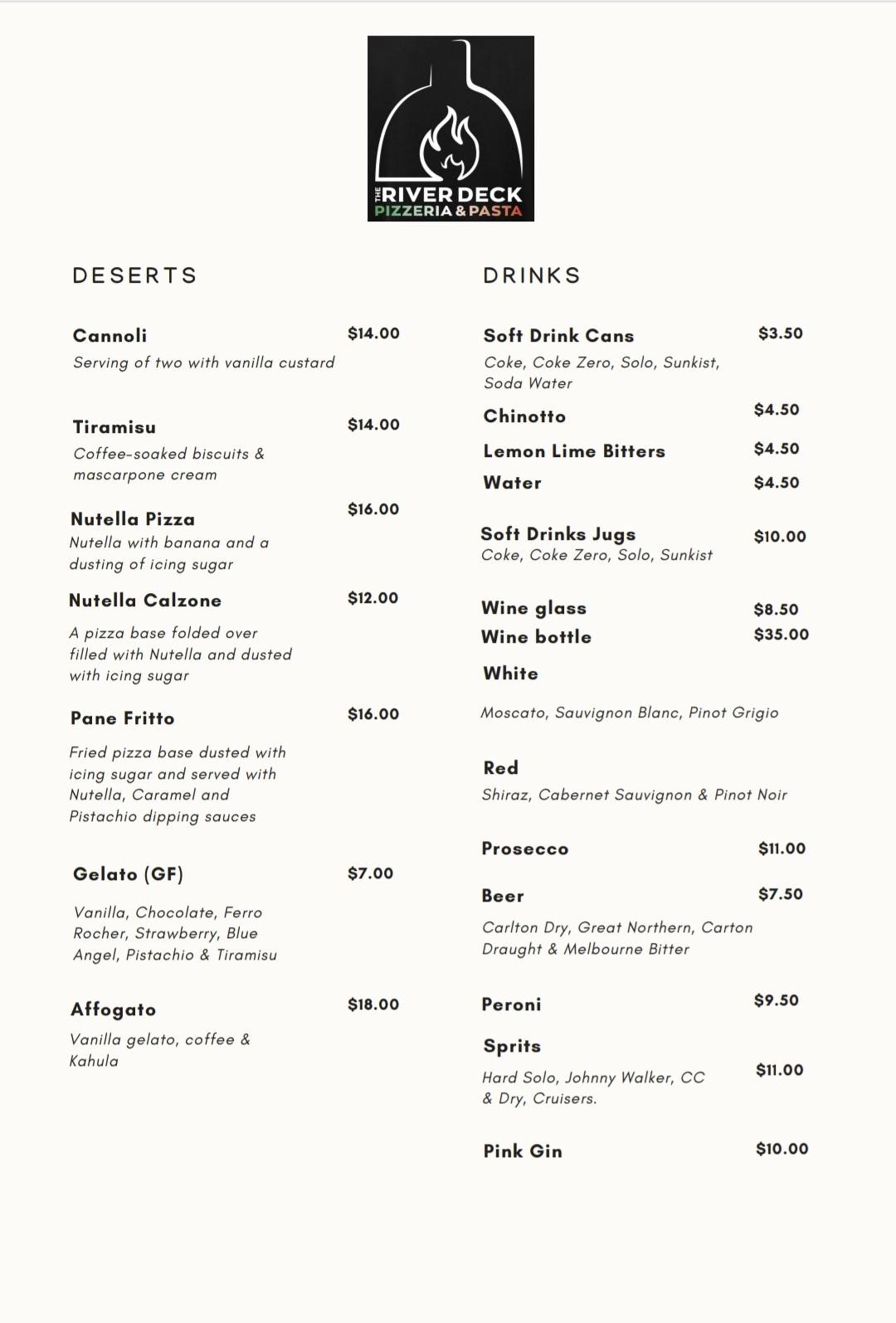 Menu at The River Deck Wood Fired Pizzeria and Pasta, Tocumwal