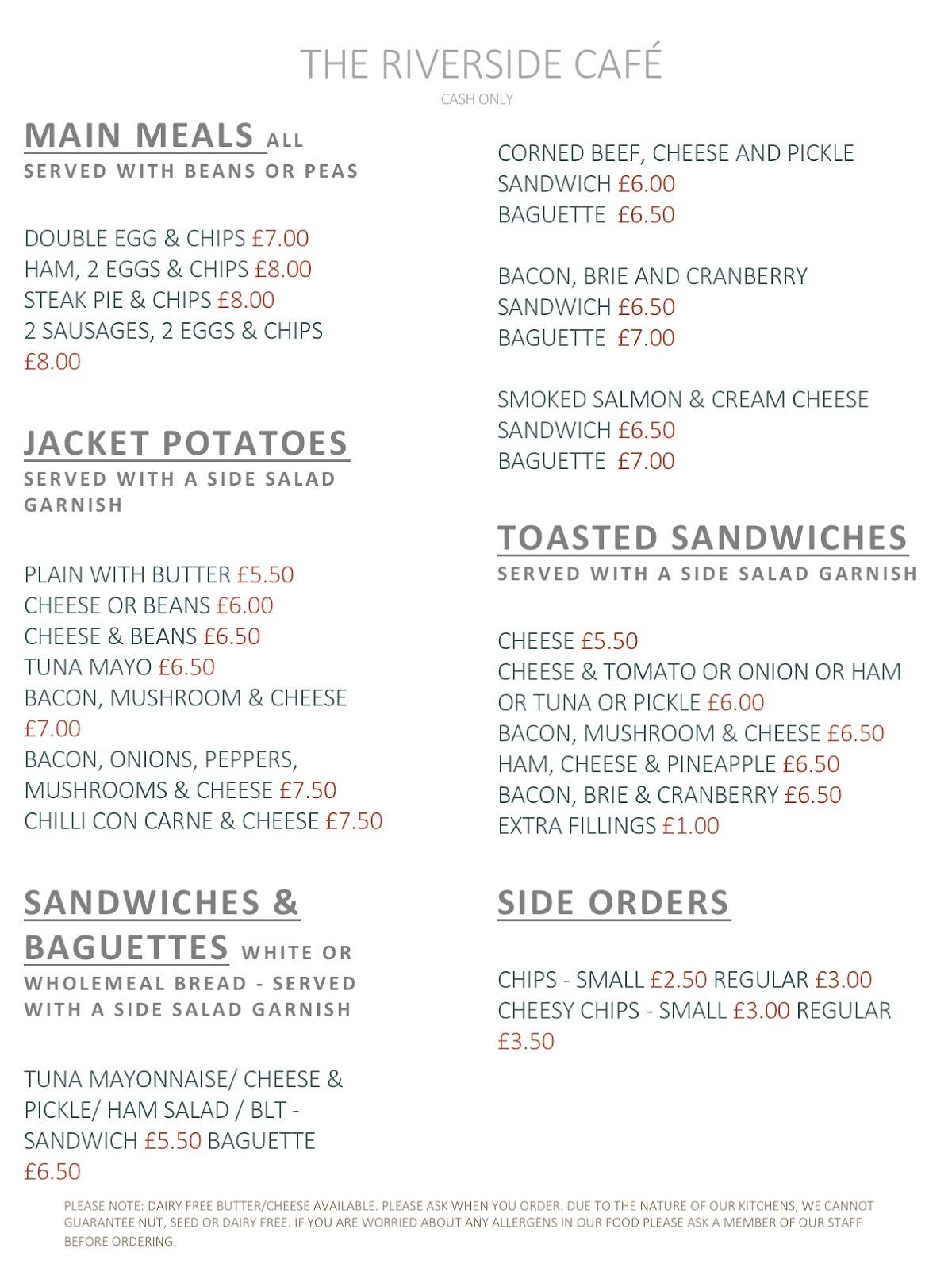 Menu at The Riverside Cafe, Wimborne Minster