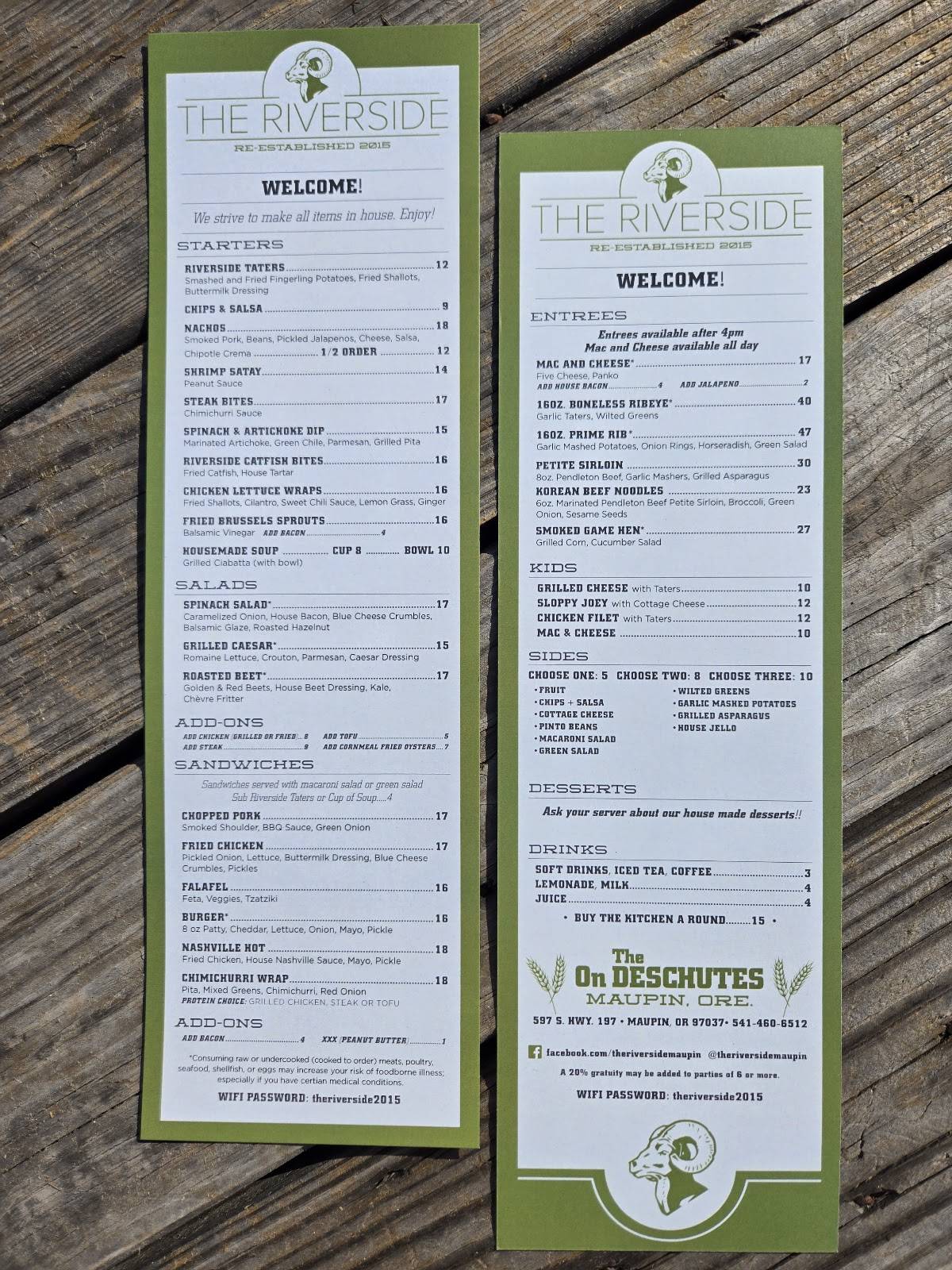 Menu at The Riverside restaurant, Maupin