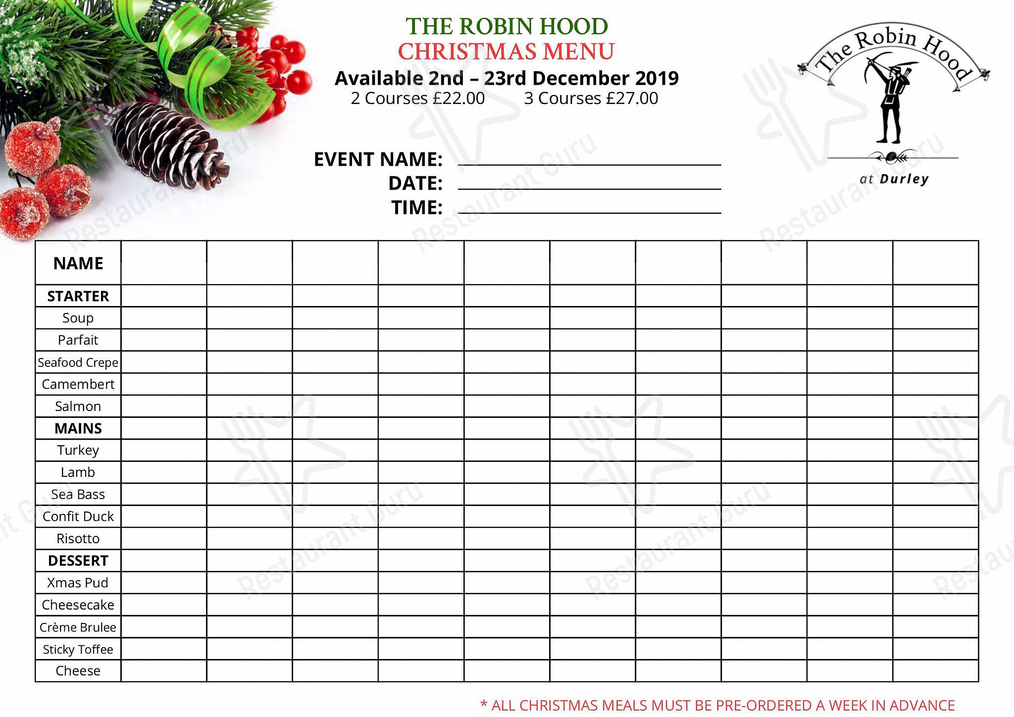 Menu at The Robin Hood pub & bar, Upham