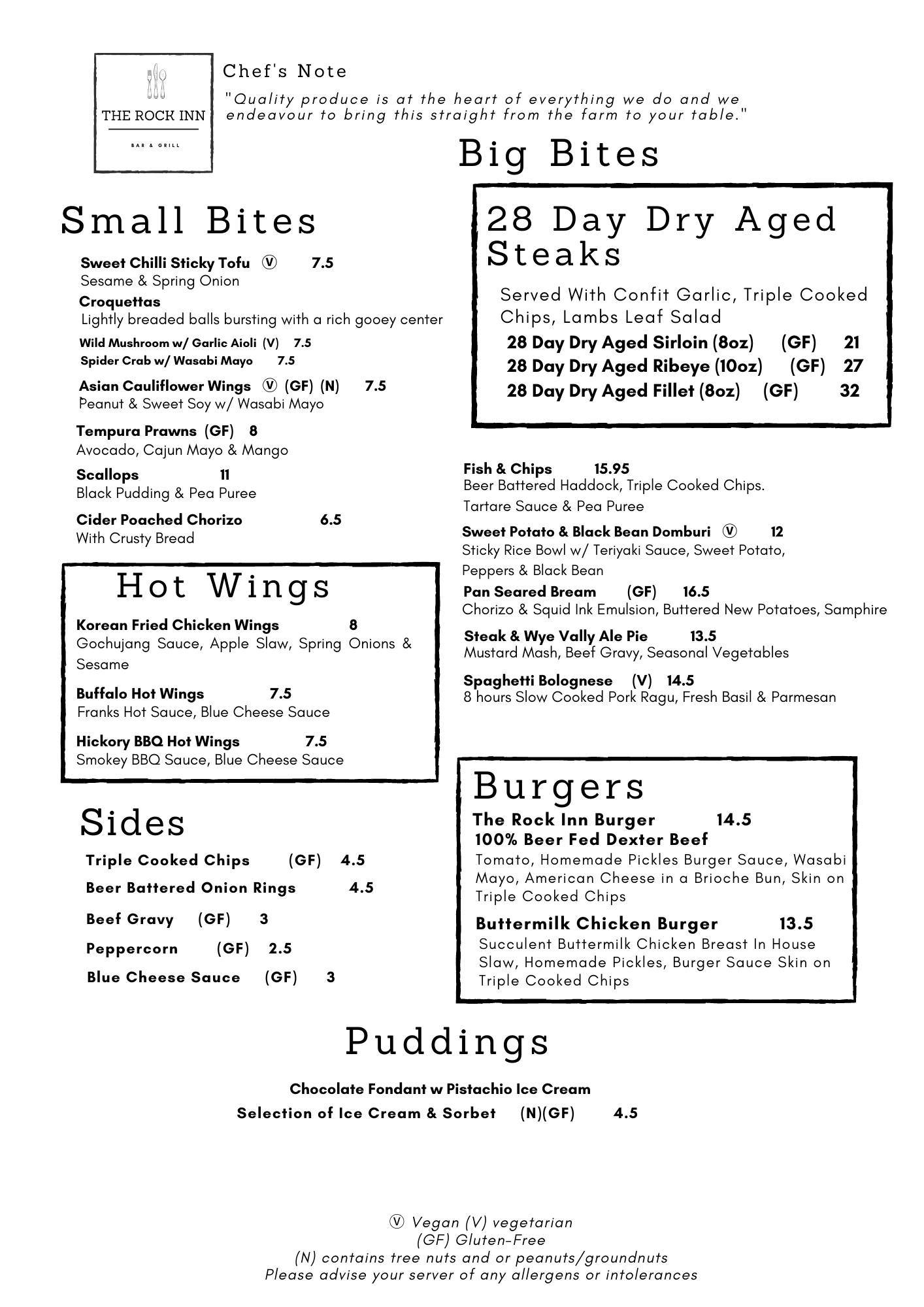 Menu at The Rock Inn pub & bar, Porthcawl