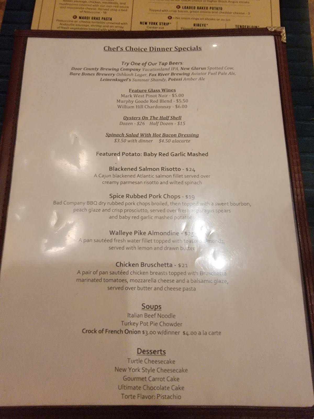 Menu at The Roxy Supper Club, Oshkosh