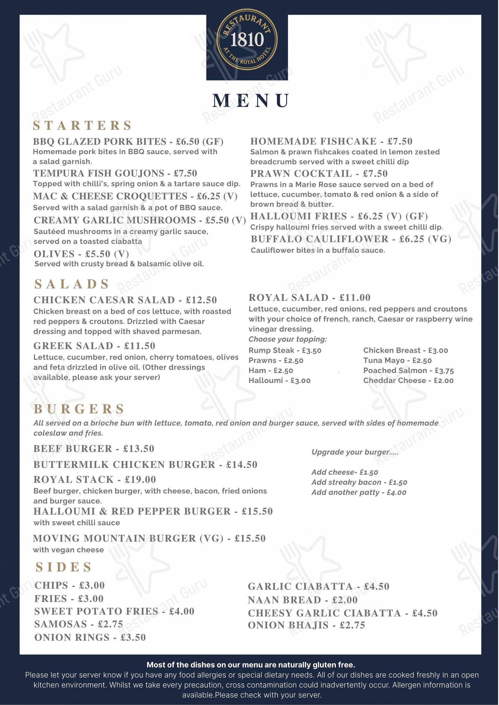 Menu at The Royal Hotel restaurant, Weston-super-Mare