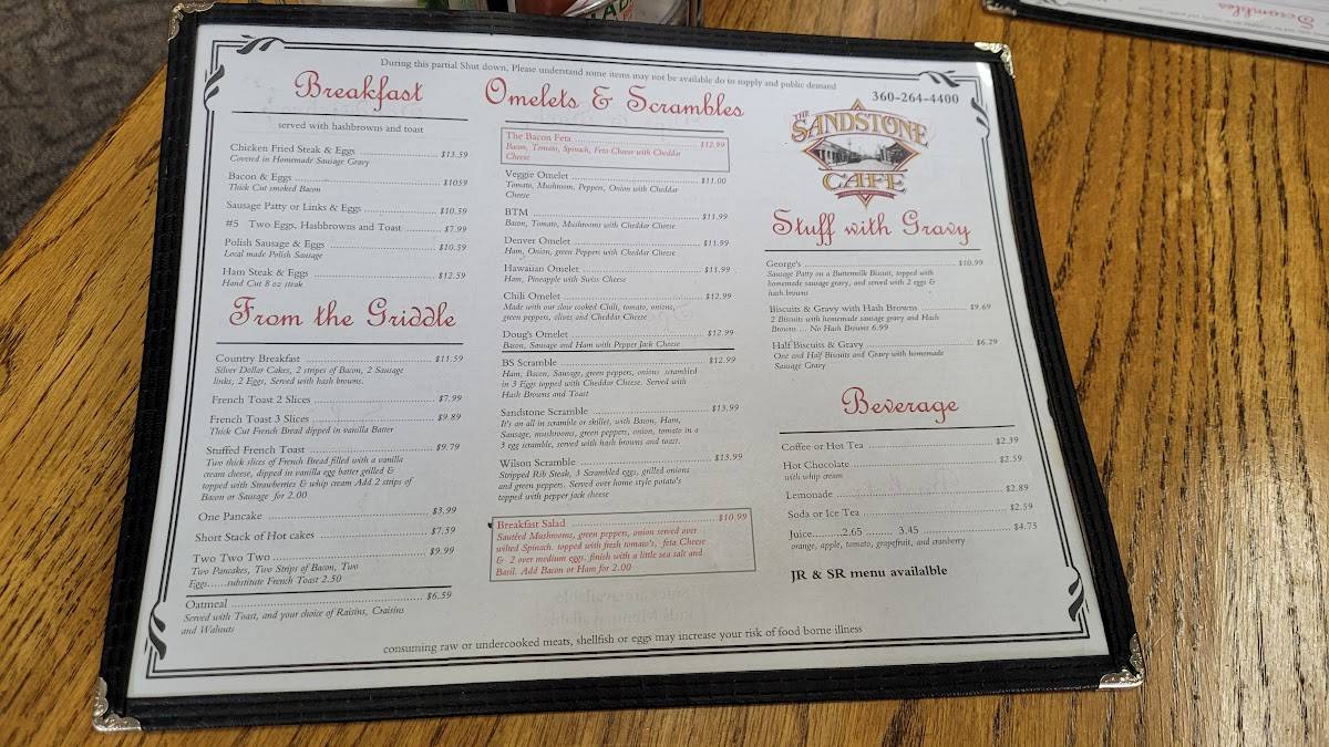 Menu at The Sandstone Cafe & Quarry Bar, Tenino