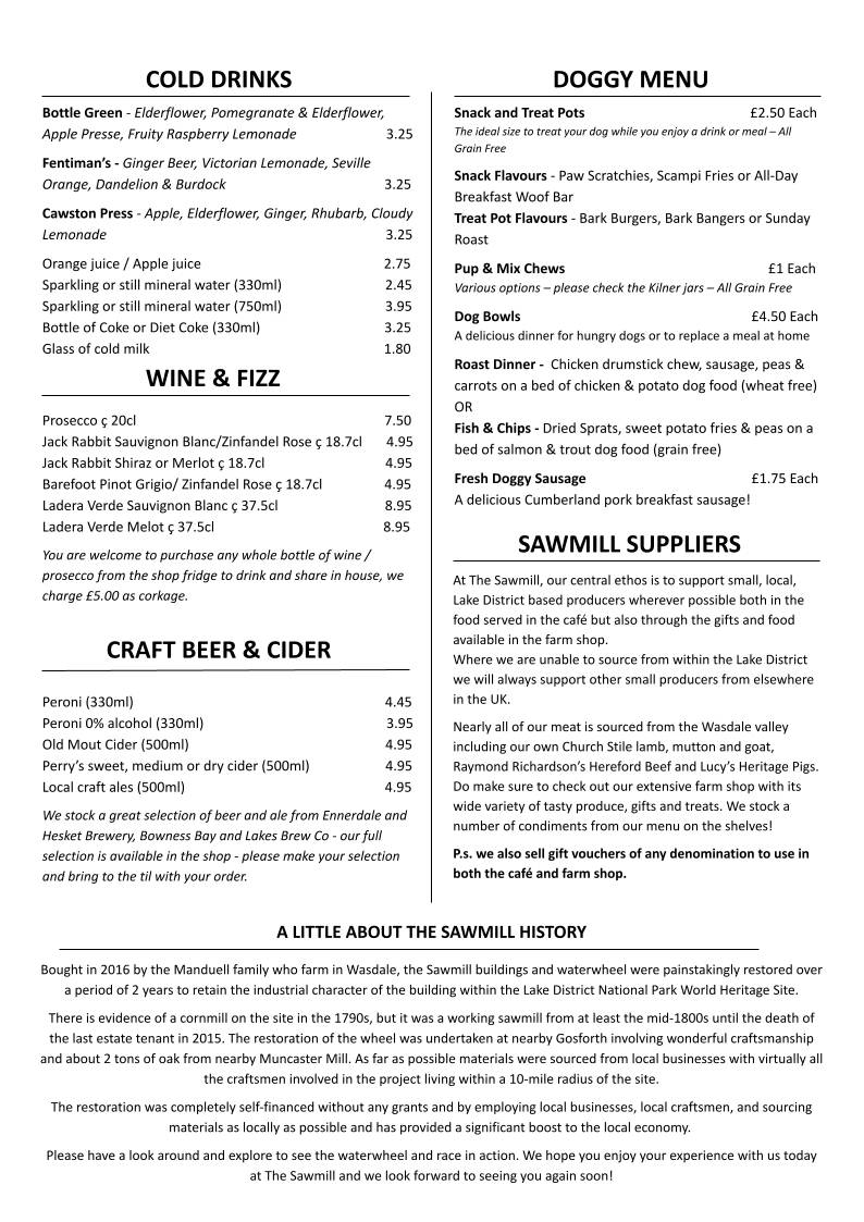 Menu at The Sawmill Cafe & Farm Shop, Wasdale