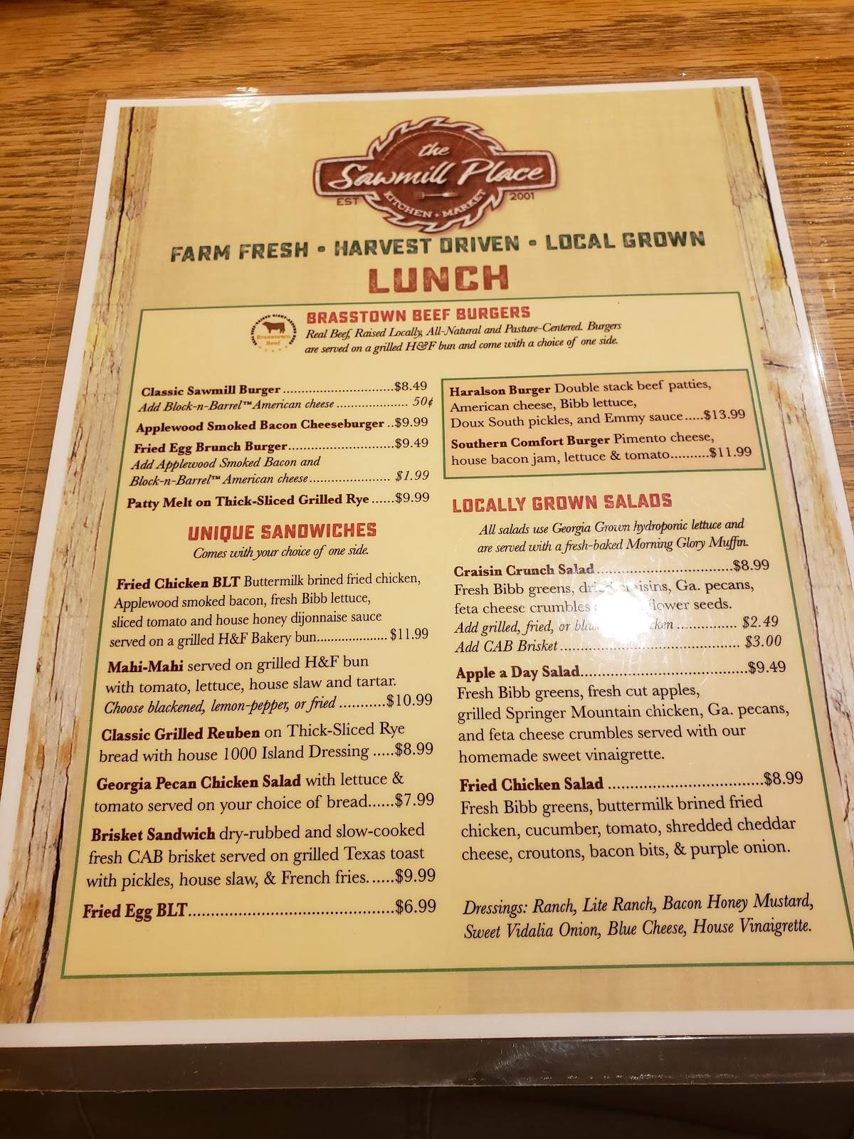Menu at The Sawmill Place restaurant, Blairsville