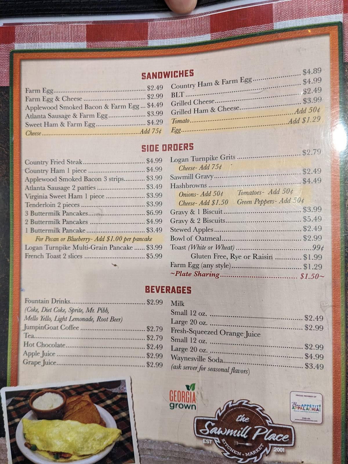Menu at The Sawmill Place restaurant, Blairsville