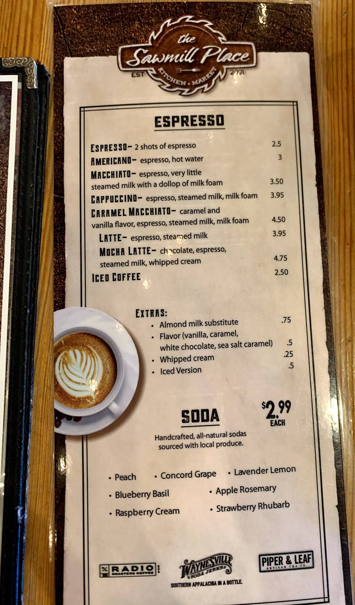 Menu at The Sawmill Place restaurant, Blairsville