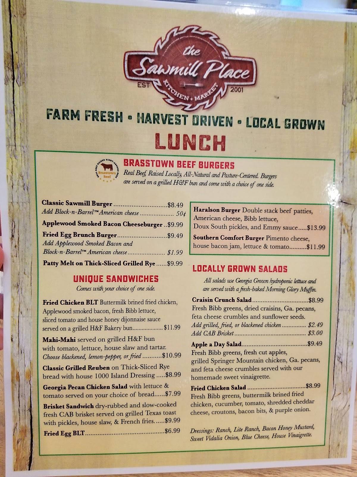 Menu at The Sawmill Place restaurant, Blairsville