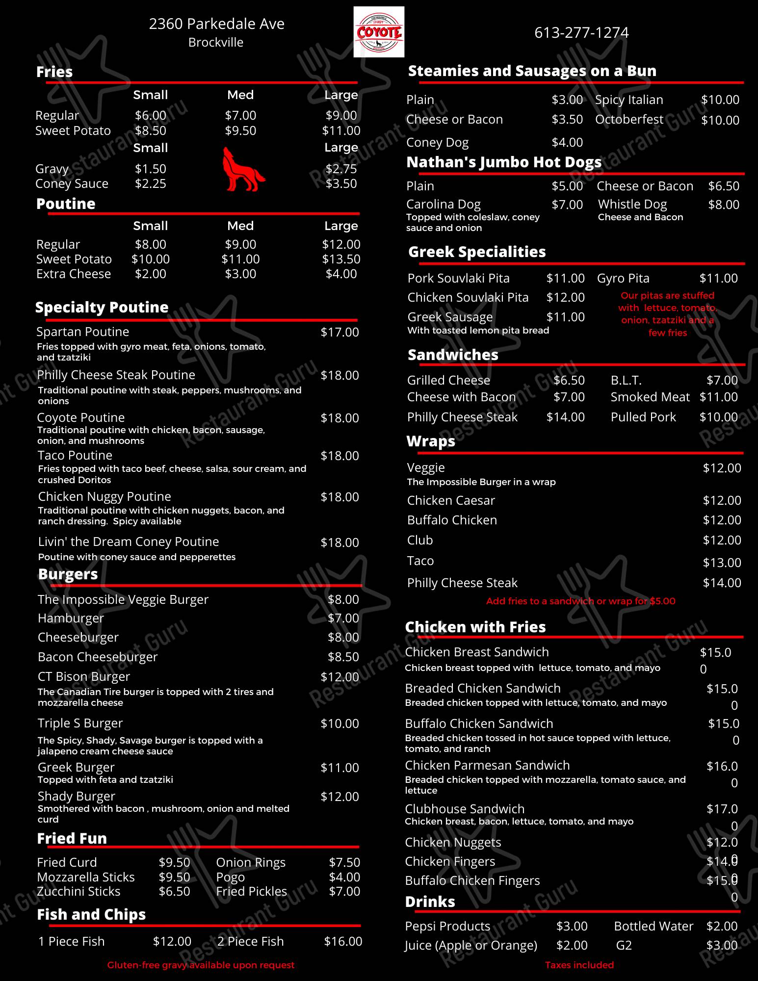 Menu at The Shady Coyote Fries & Grill restaurant, Brockville