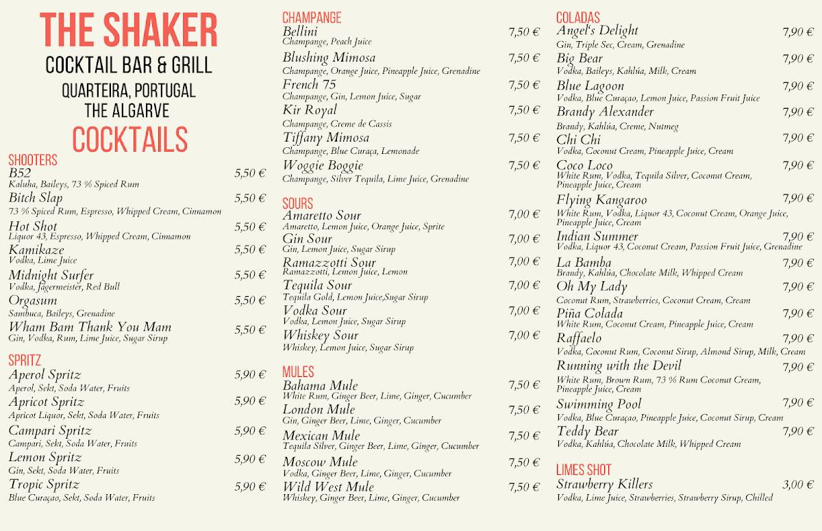 Menu em The Shaker pub & Bar, Quarteira