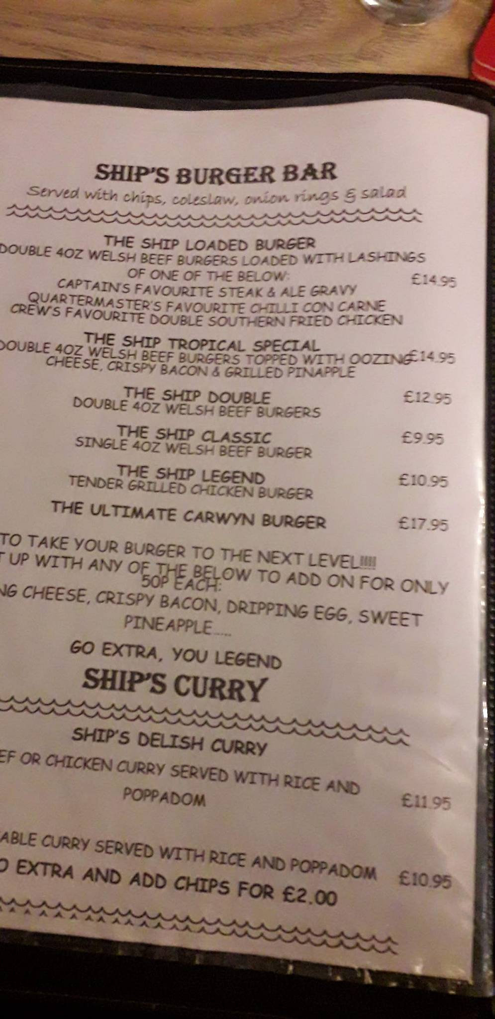 Menu at The Ship Inn/ Y Llong pub & bar, Porthmadog