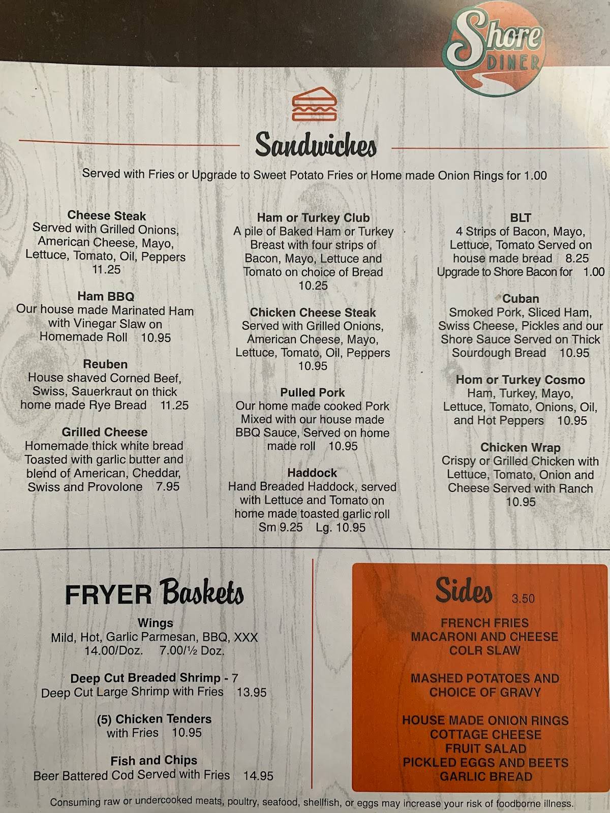 Menu at The Shore Diner restaurant, Jersey Shore