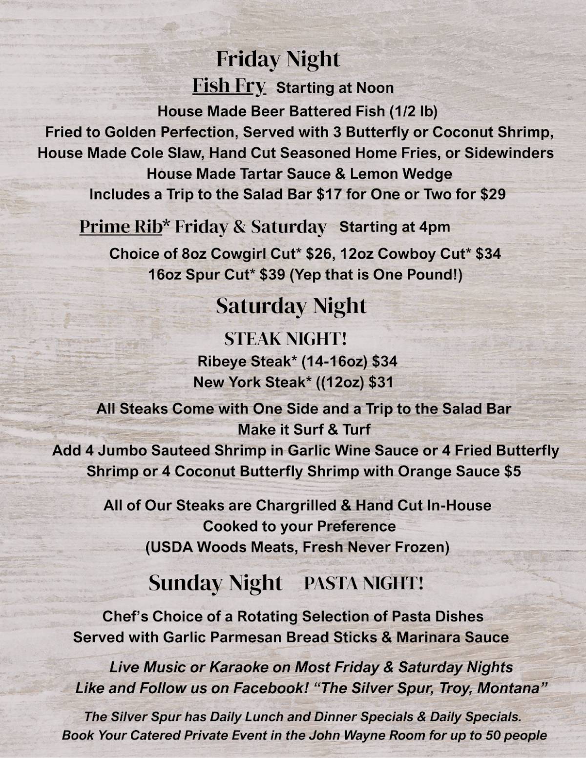 Menu at The Silver Spur Restaurant, Bar & Casino, Troy, US-2