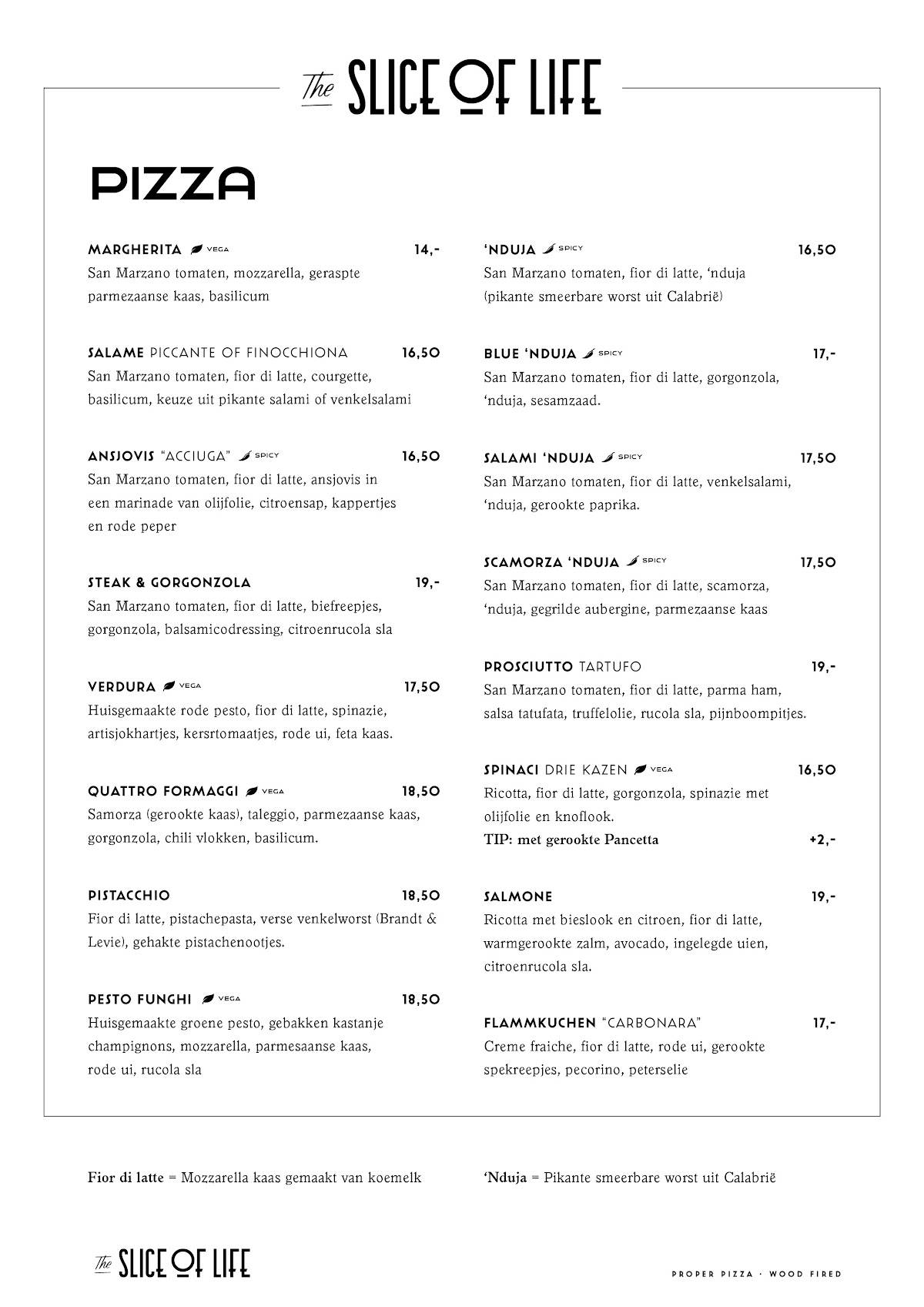 Menu at The Slice of Life restaurant, Amstenrade