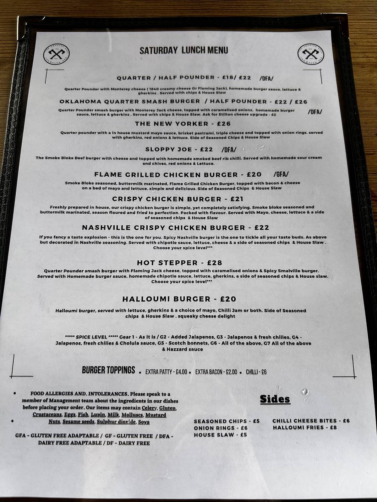 Menu at The Smoking Bull restaurant, Nuneaton