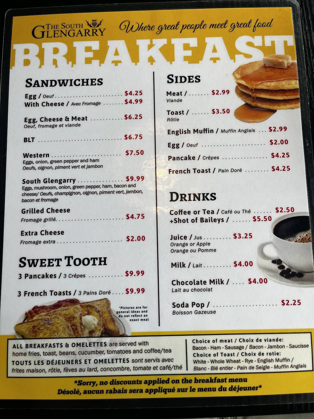 Menu at The South Glengarry Restaurant, South Lancaster