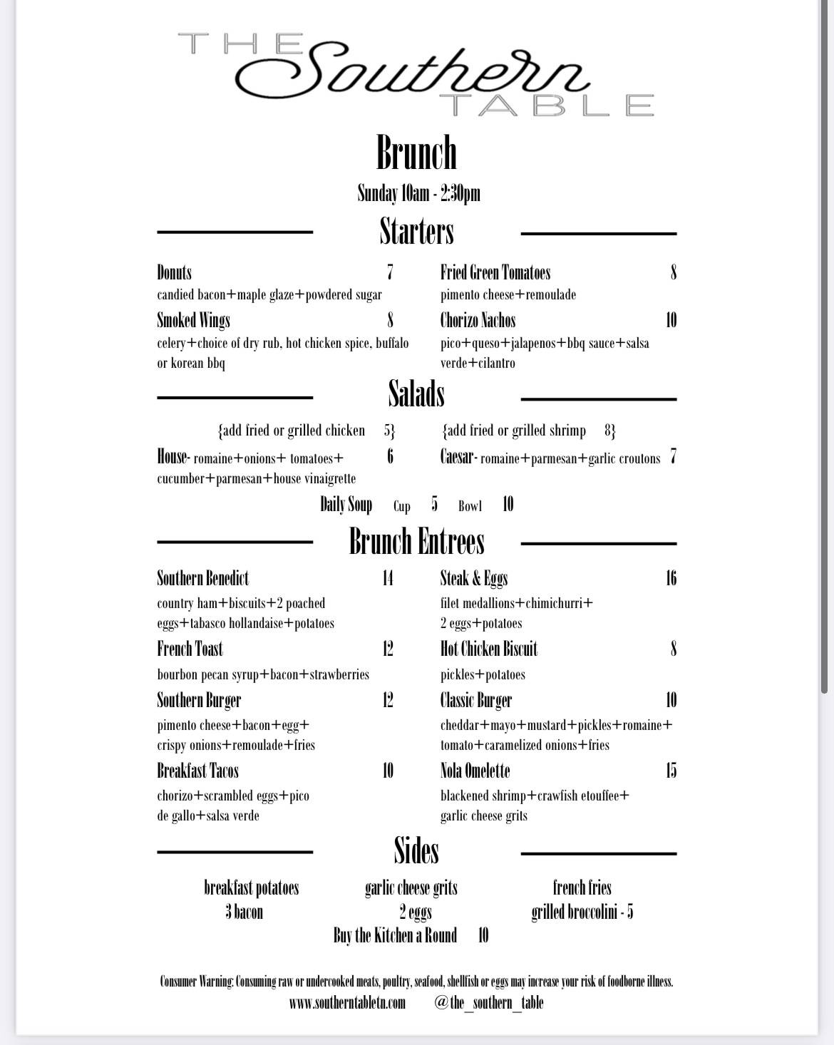 Menu at The Southern Table restaurant, Pulaski