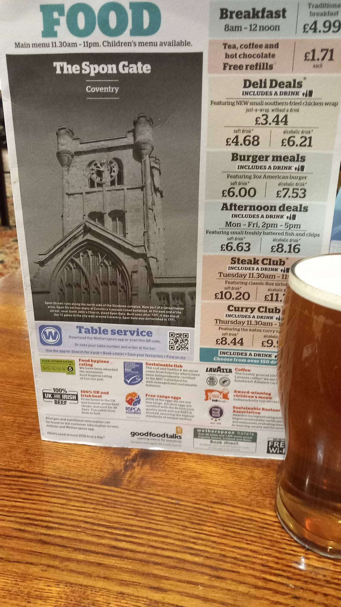 Menu at The Spon Gate - JD Wetherspoon pub & bar, Coventry