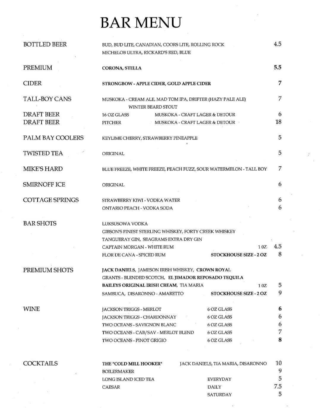 Menu at The Stockhouse Grill pub & bar, Sault Ste. Marie