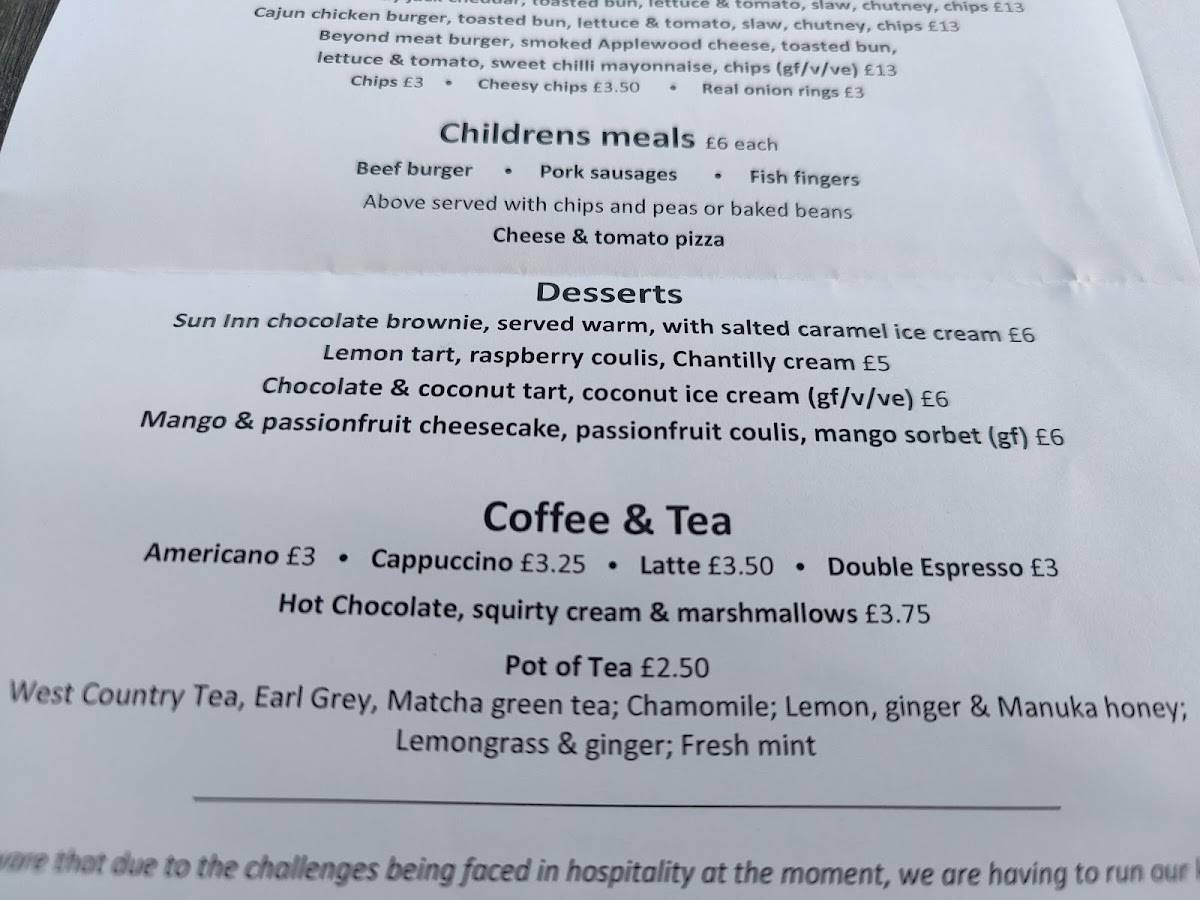 Menu at The Sun Inn pub & bar, Dorchester