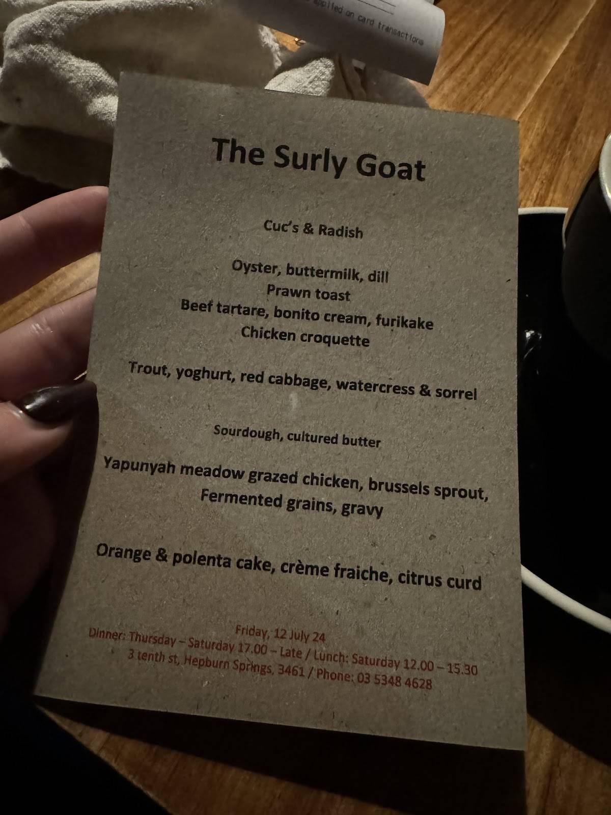 Menu at The Surly Goat restaurant, Hepburn Springs