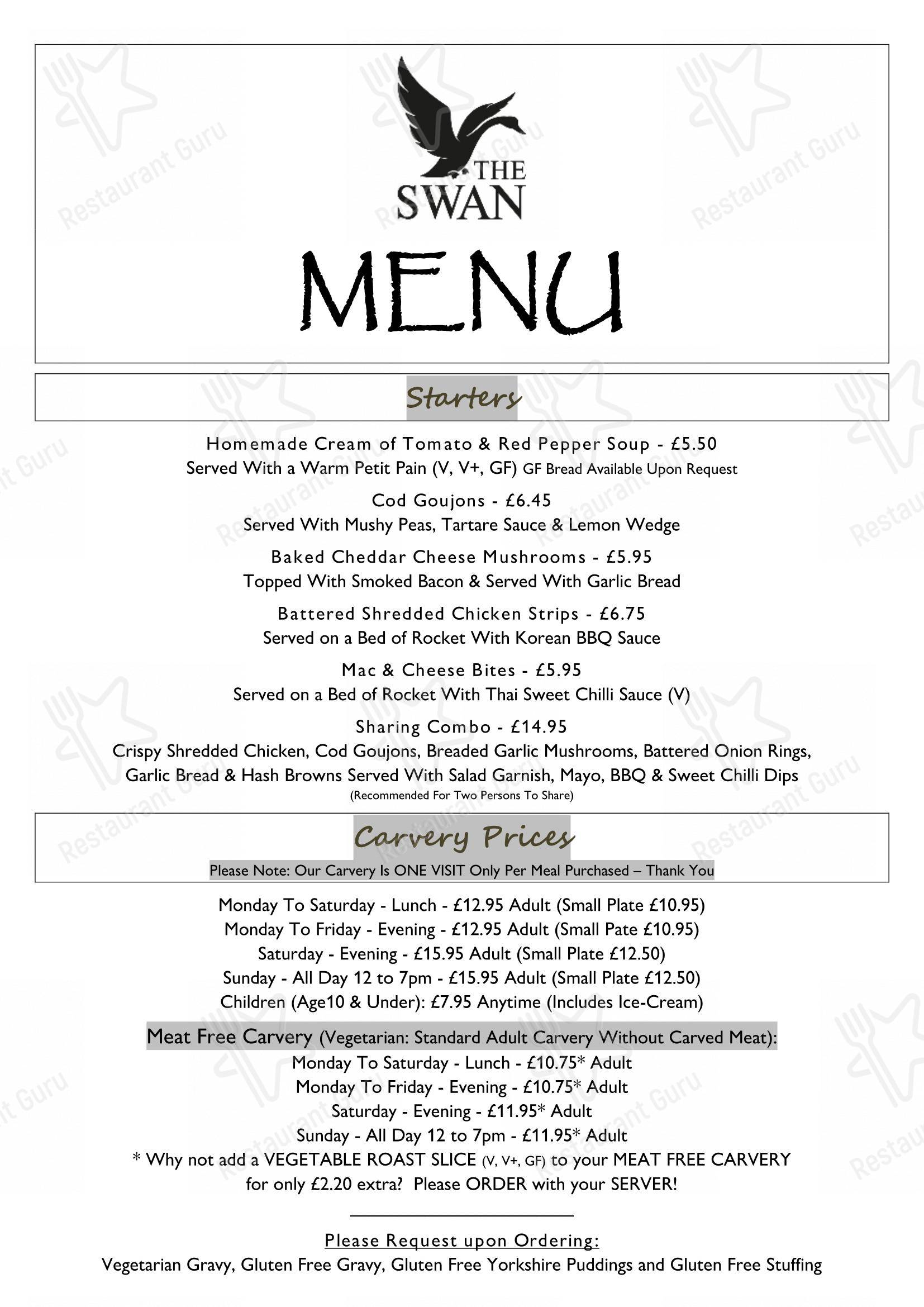 Menu at The Swan Inn pub & bar, Bromsgrove, Worcester Rd